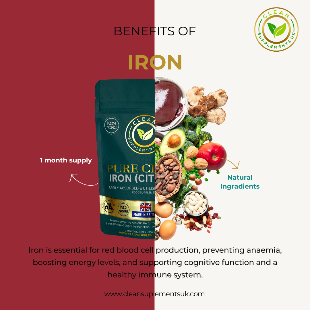 Iron (Citrate) High Strength Clean UK Supplement Energy Focus & Oxygen ...